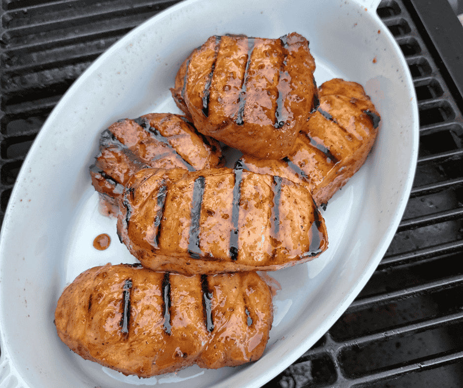 Apple Cider Grilled Pork Chops with Raspberry Chipotle Glaze - Char-Griller