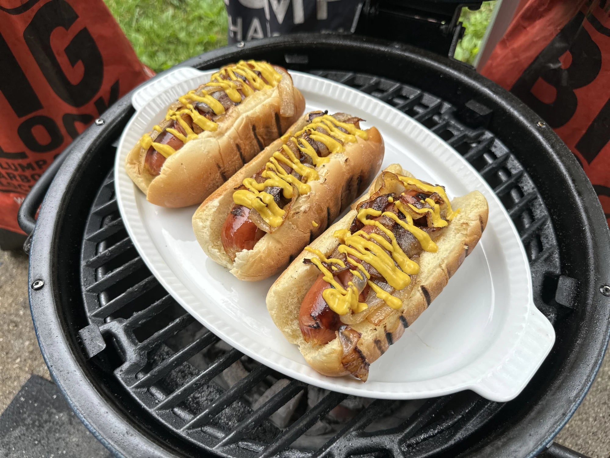 Grilled & Cast Iron Skillet Finished Polish Sausages with Grilled Onio ...